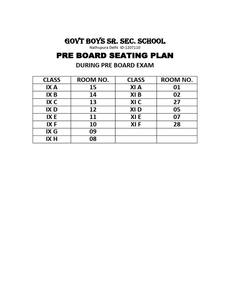 Pre Board Exam Seating Plan 2023 | PDF