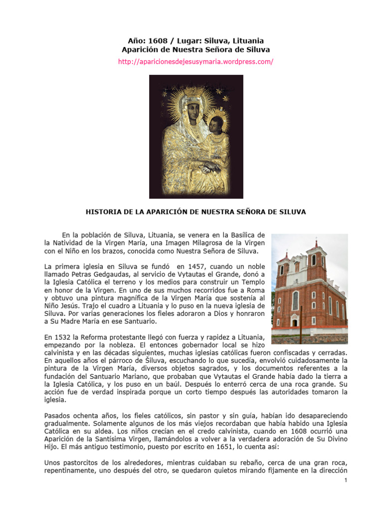 Historia de La Aparicic3b3n de Nuestra Sec3b1ora de Siluva | PDF