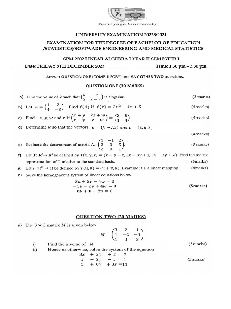 Spm 2202 Linear Algebra i Year II Semester i | PDF