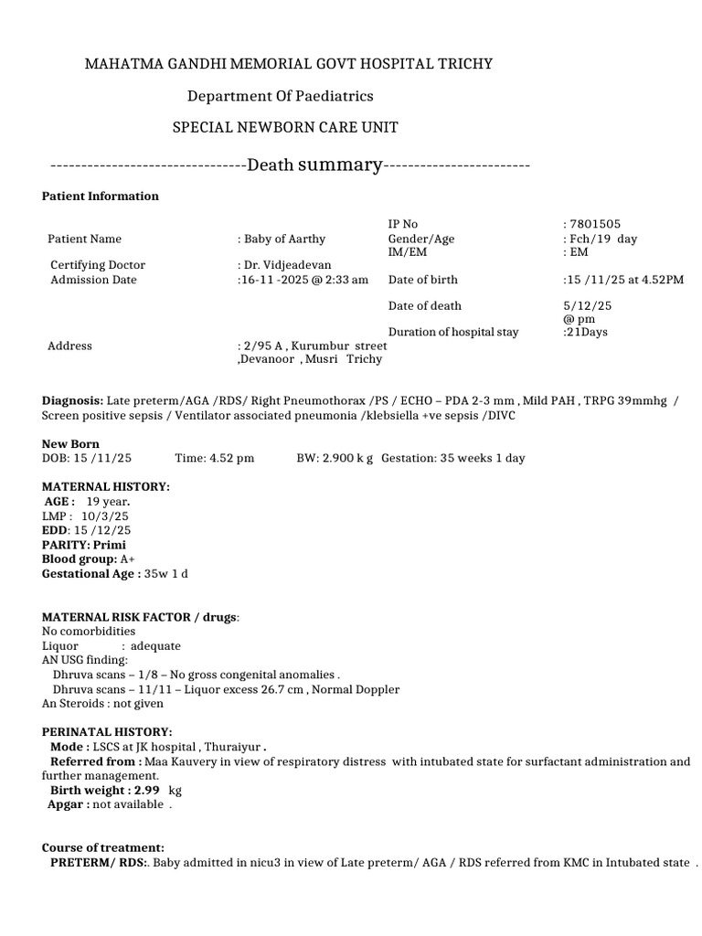 Aarthy Death 1b 1n | PDF | Preterm Birth | Sepsis