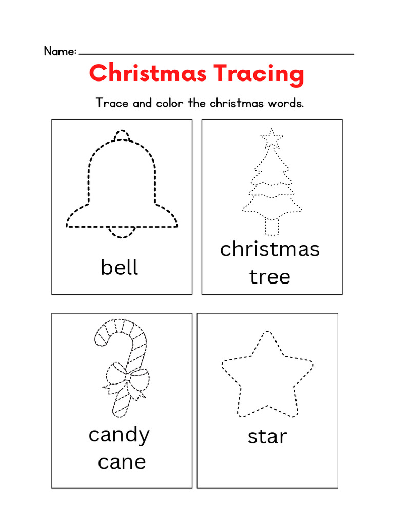 Christmas Tracing Worksheet in Red White Illustrative Style | PDF