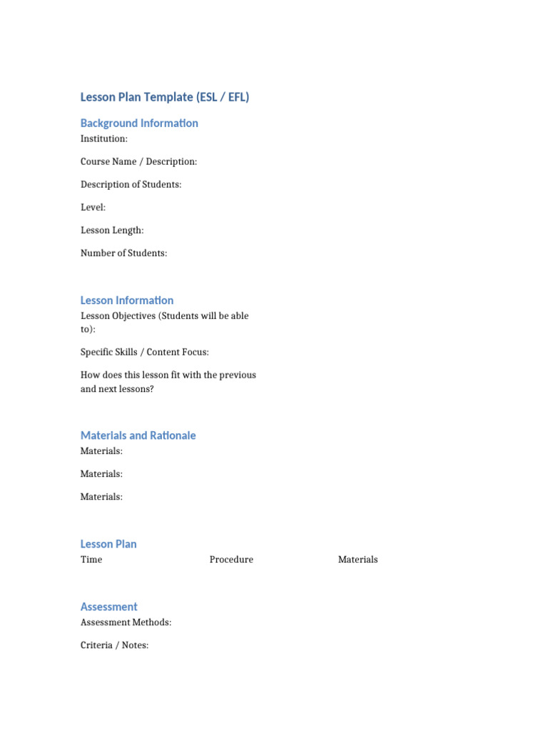 ESL/EFL Lesson Plan Template | PDF