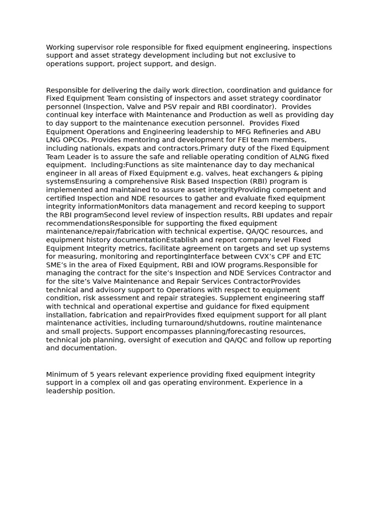 Fixed Equipment Team Leader Role Overview | PDF | Business