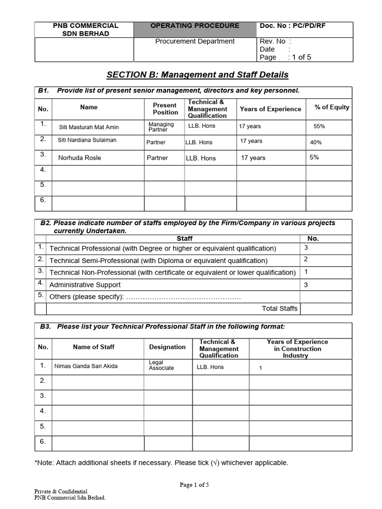 Pre-Q Section B & C (Management and Staff Details & Projects Experience ...