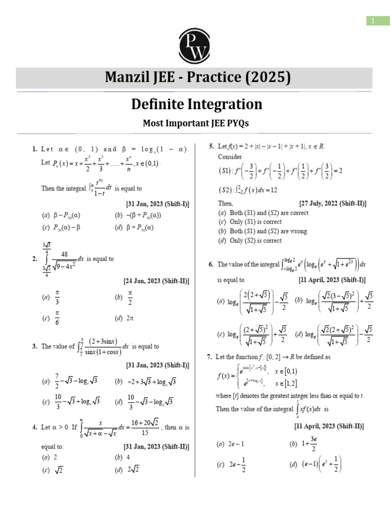 JEE Integral Calculus Practice Questions | PDF | Mathematical Analysis ...