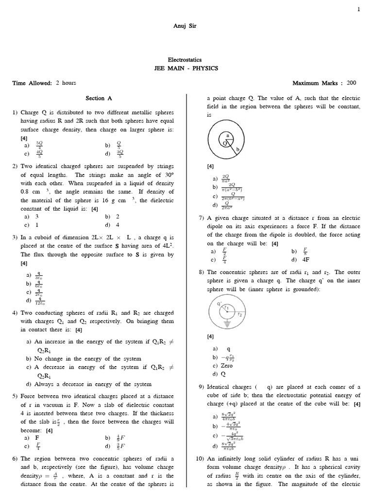 Class 12 Electrostatics JEE Test | PDF | Electric Field | Electron