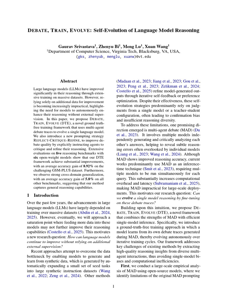 DEBATE, TRAIN, EVOLVE - Self Evolution of Language Model Reasoning | PDF | Science | Computing