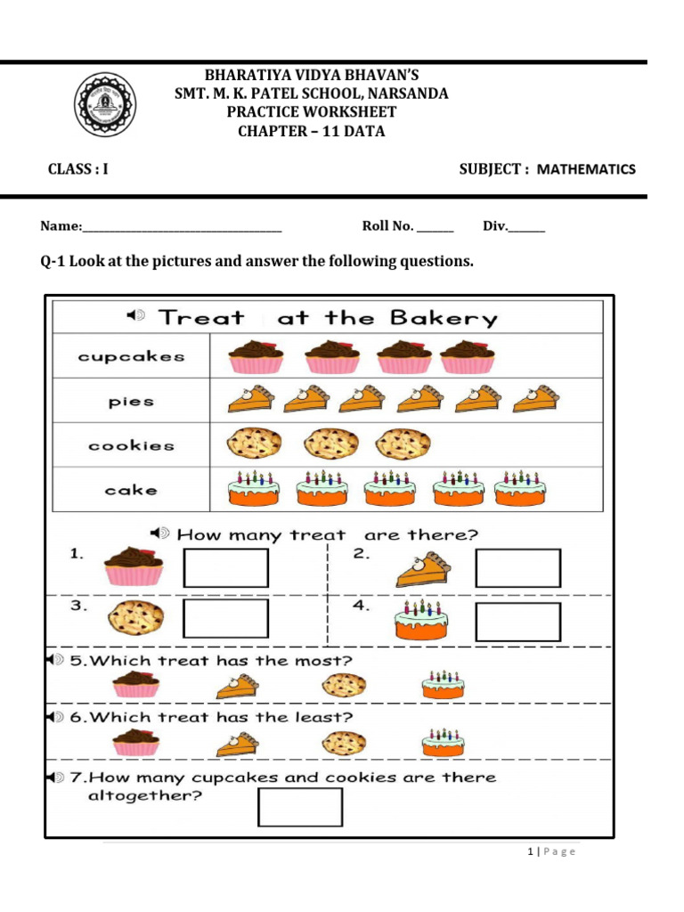 Class 1 Mathematics Data Worksheet | PDF
