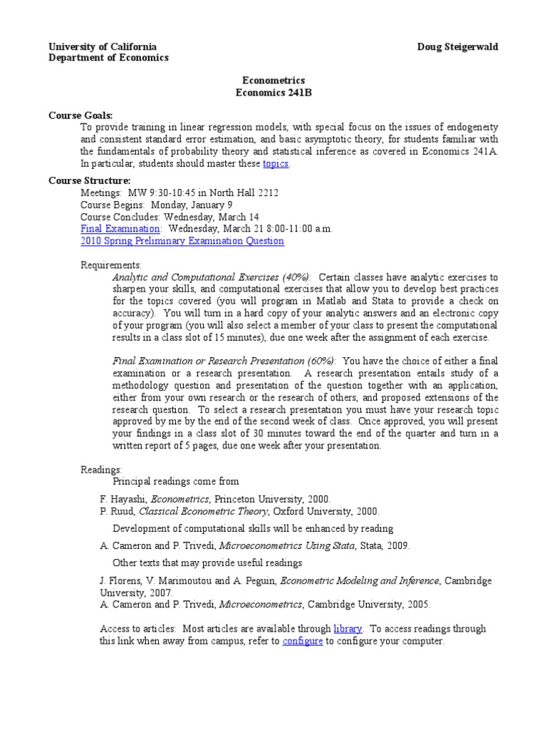 241B Syllabus | PDF | Econometrics | Regression Analysis