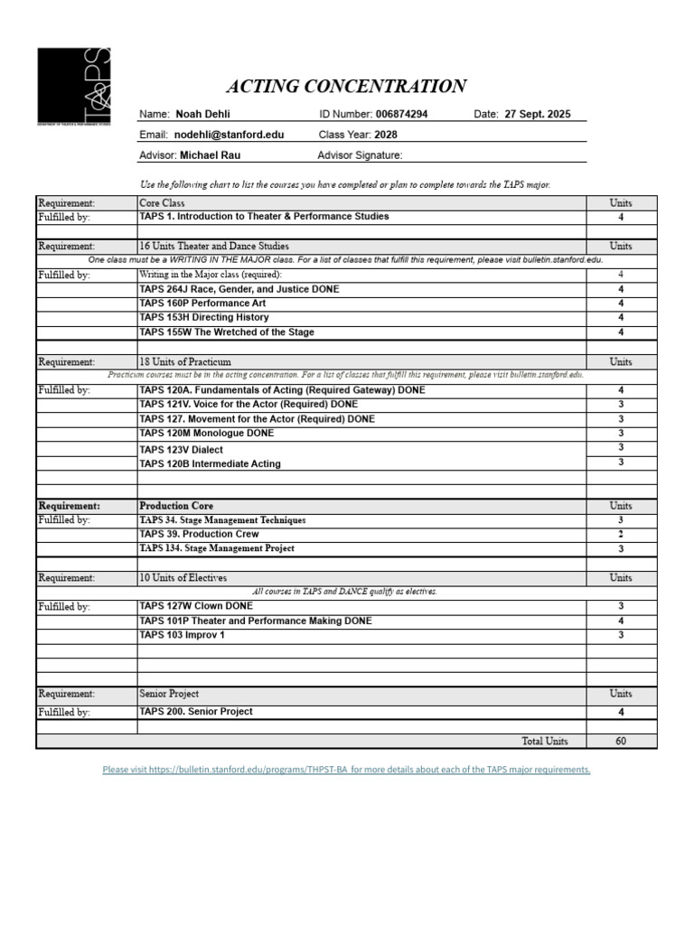 Taps Major Program Proposal (Acting) 25-26.Xlsx - Acting Concentration ...