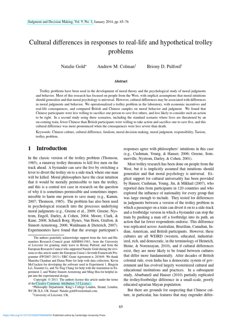 Cultural Differences in Trolley Problem Responses | PDF | Logistic ...