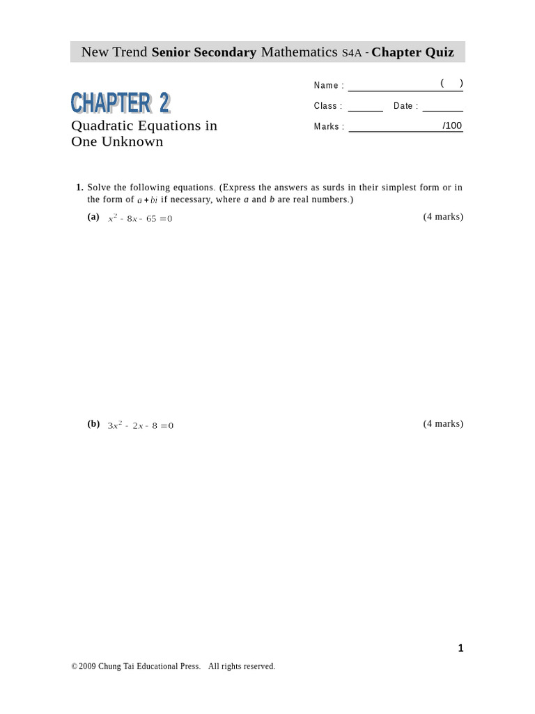 Quadratic Equations Chapter Quiz S4A | PDF | Equations | Quadratic Equation