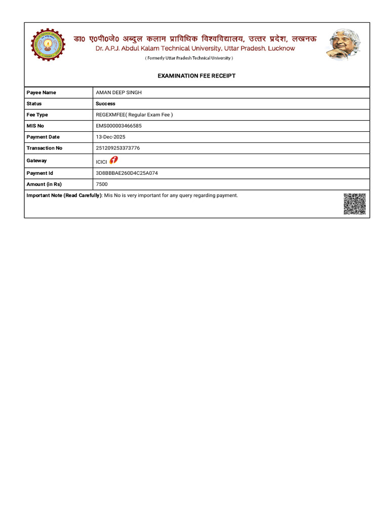 Exam Fee Receipt for Aman Deep Singh | PDF