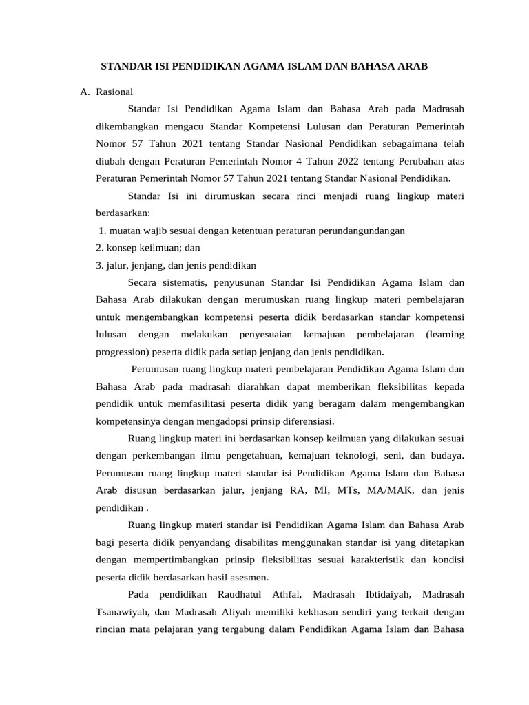 Standar Isi PAI dan Bahasa Arab Madrasah | PDF