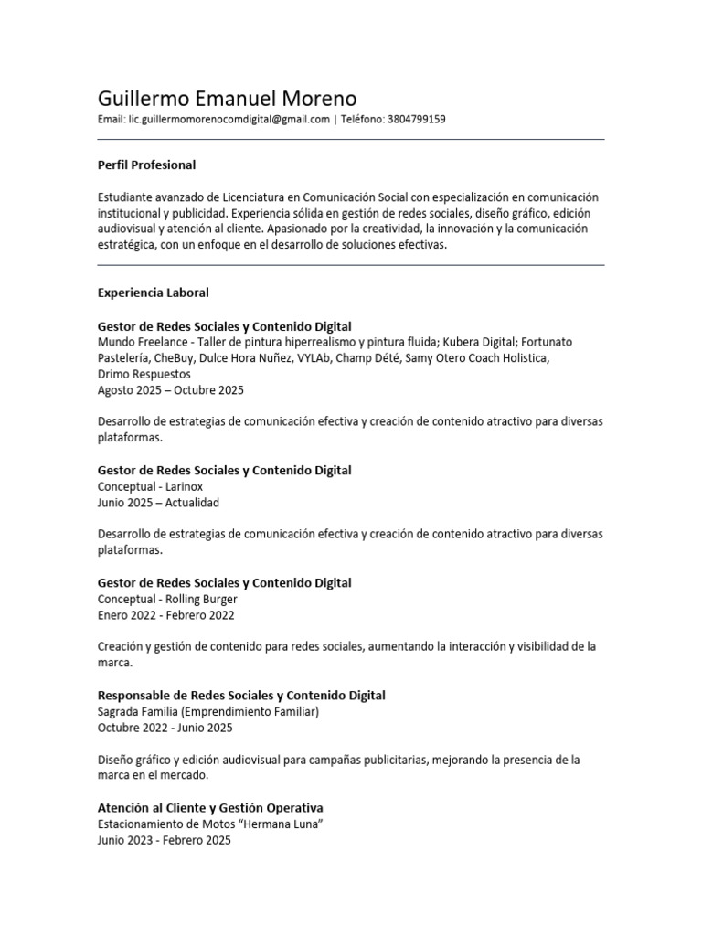 Cv Guillermo Emanuel Moreno | PDF | Diseño gráfico | Multimedia