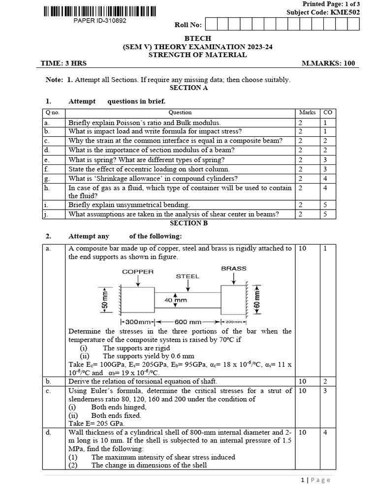 BTech Strength of Materials Exam 2024 | PDF | Bending | Beam (Structure)