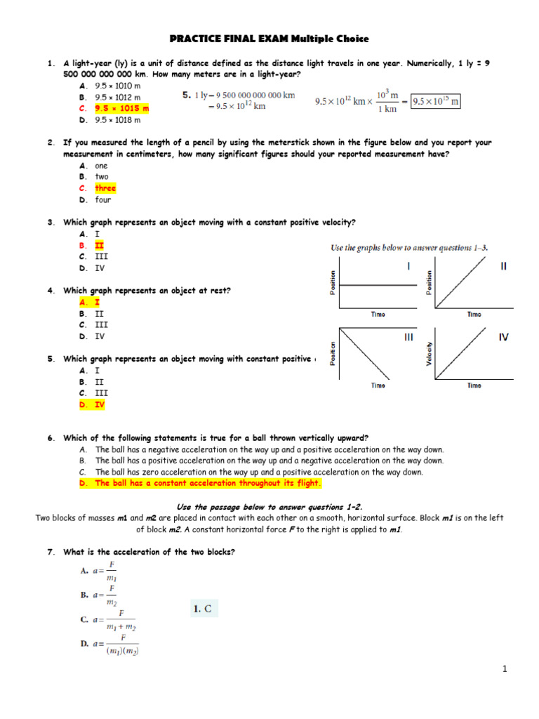 Practice Final Exam Physics 11 Key | PDF | Force | Velocity