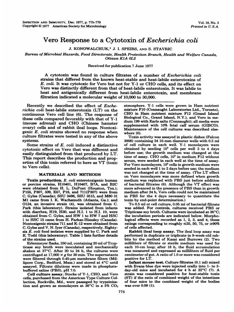Konowalchuk Et Al 1977 Vero Response to a Cytotoxin of Escherichia Coli ...
