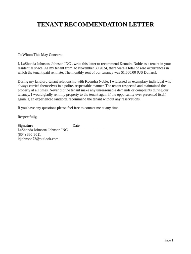 Landlord Recommendation Letter (For A Tenant) | PDF