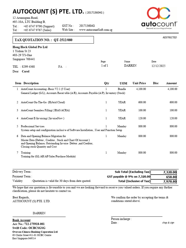 AutoCount Tax Quotation QT-2512/080 | PDF | Accounts Payable | Business