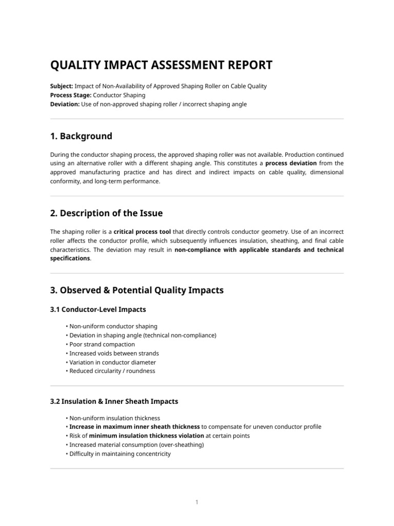 Quality Impact Assessment Report - Shaping Roller Deviation | PDF ...