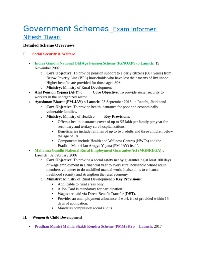 Overview of Government Welfare Schemes | PDF | Government Of India ...