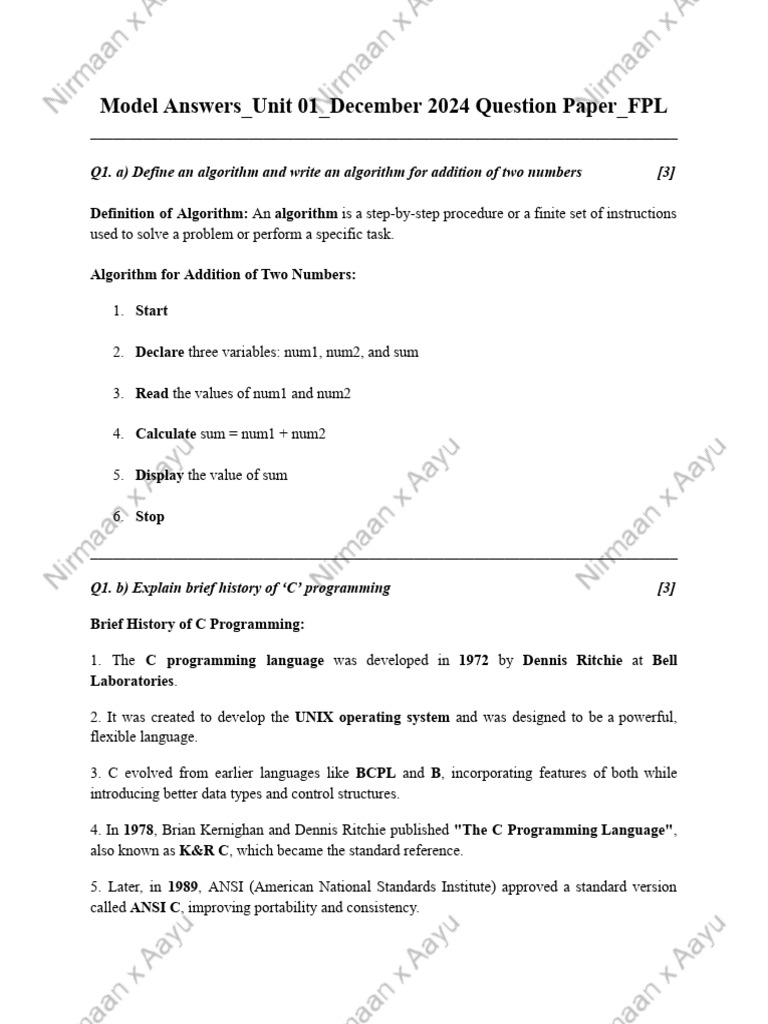 Model Answers - Unit 01 - December 2024 Question Paper - FPL - Aayush X ...