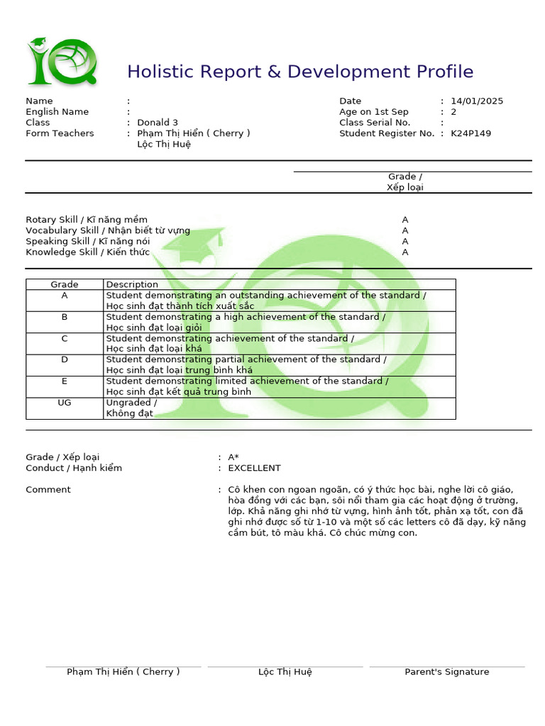 IQ School (Kindergarten) : Holistic Report & Development Profile | PDF