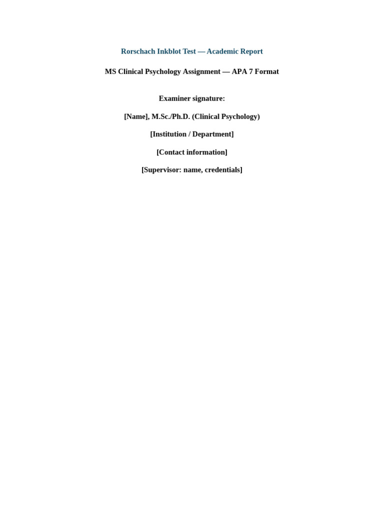 Psychodiagnostic Assessment of Adults, Rorschach Inkblot Academic ...