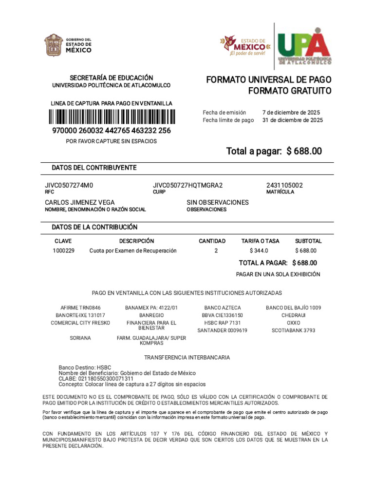 Formato de Pago Universal With Primefaces | PDF | Finanzas personales | Servicios financieros