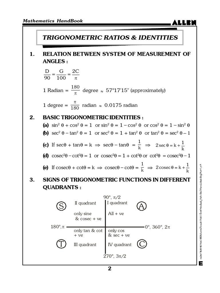 Trigonometric Ratios and Identities - Formaulae | PDF | Trigonometric ...