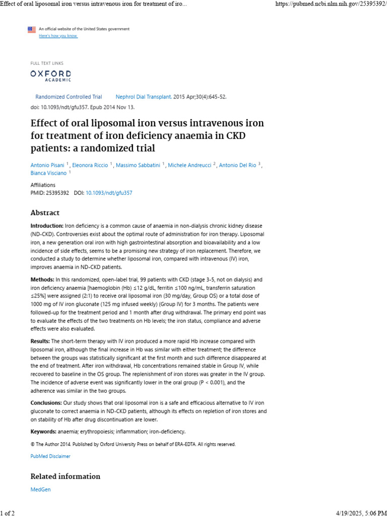 Effect of Oral Liposomal Iron Versus Intravenous Iron For Treatment of ...