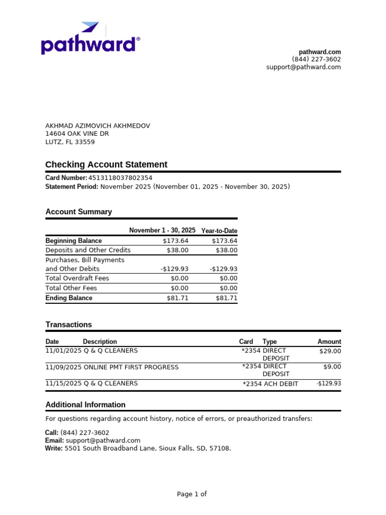 November 2025 Checking Account Statement | PDF | Debit Card ...