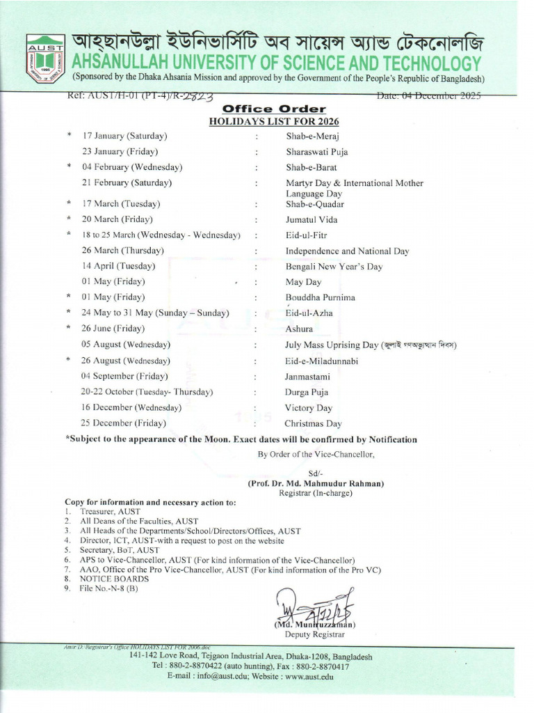 Office Order Regarding Holidays List For The Year-2026 | PDF