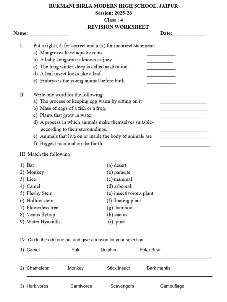 Revision Worksheet PA 3 Classs 4-1 | PDF | Trees | Mammals