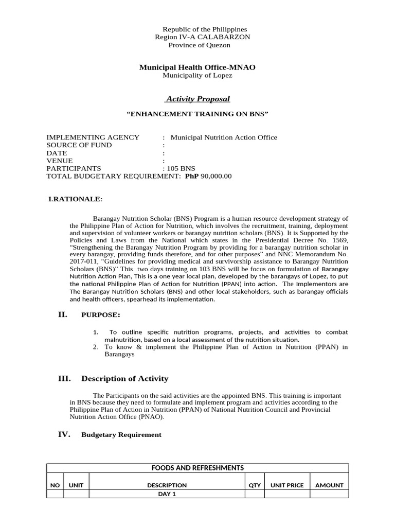 BNS Training Proposal for Nutrition Action | PDF | Lunch | Cooking