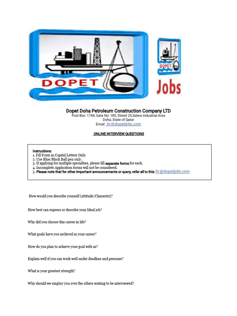 Dopet Doha Petroleum Construction Company ONLINE INTERVIEW QUESTIONS ...