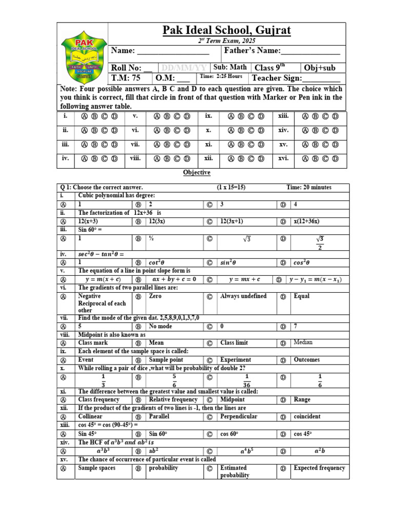 Objective Math Class 9th December 2025 | PDF | Mathematical Analysis ...