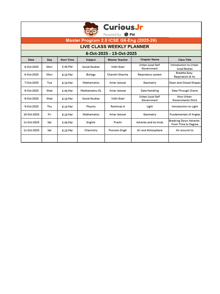 Weekly Planner Grade 6ICSE02 | PDF
