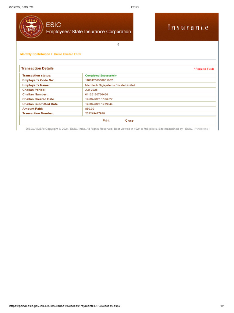 ESIC Online Challan Payment Details | PDF