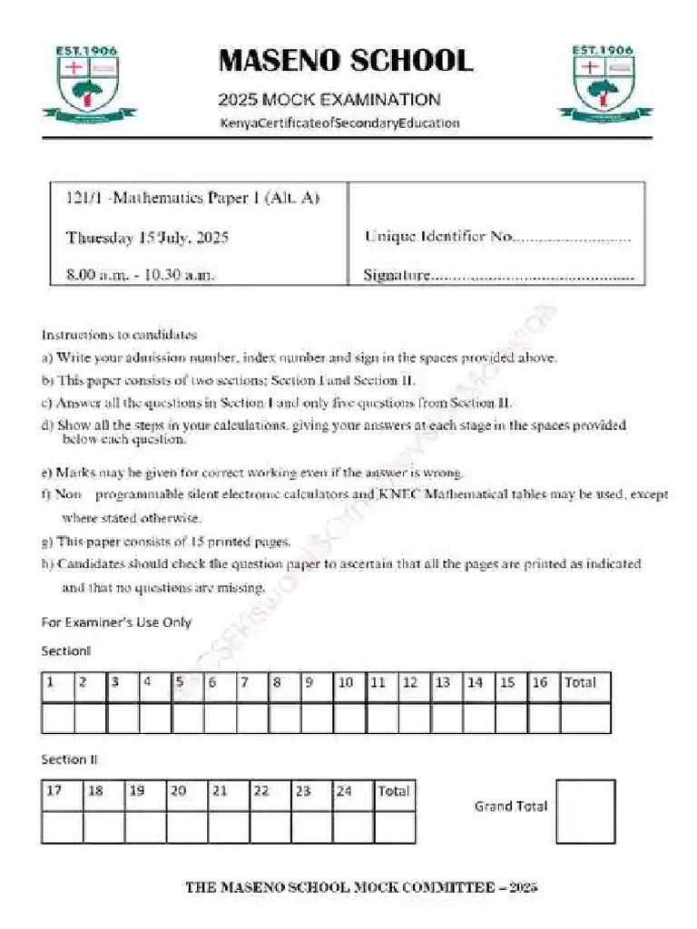 Maseno School Mathematics Paper 1 | PDF