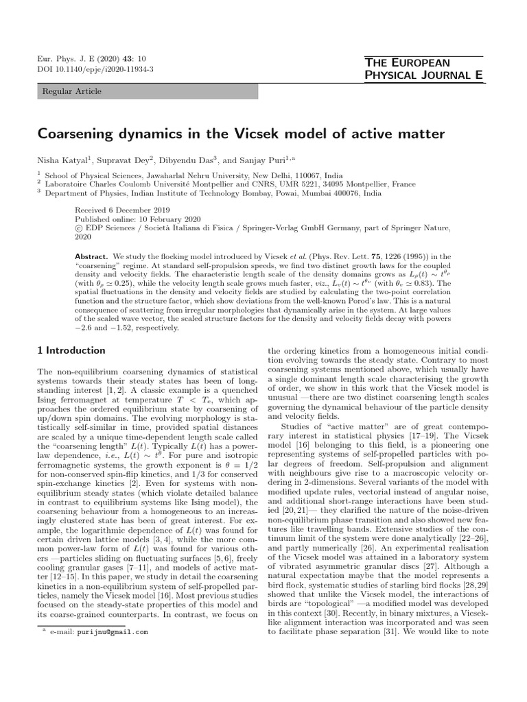 Coarsening Dynamics in The Vicsek Model | PDF | Physical Chemistry ...