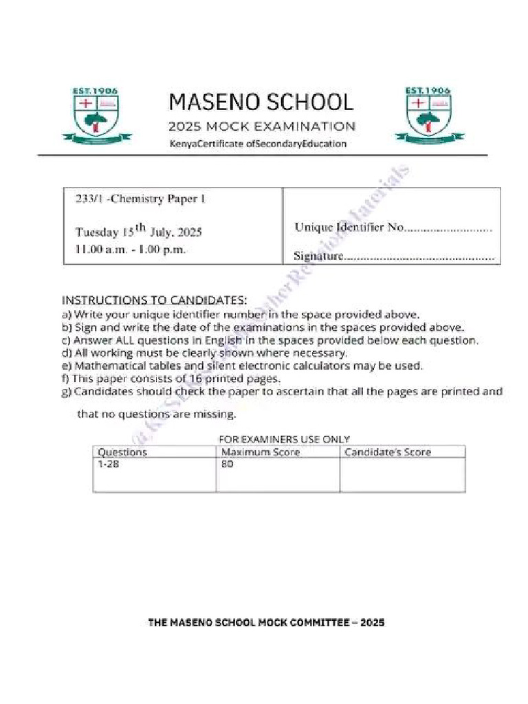 Maseno School Chemistry Paper 1 | PDF