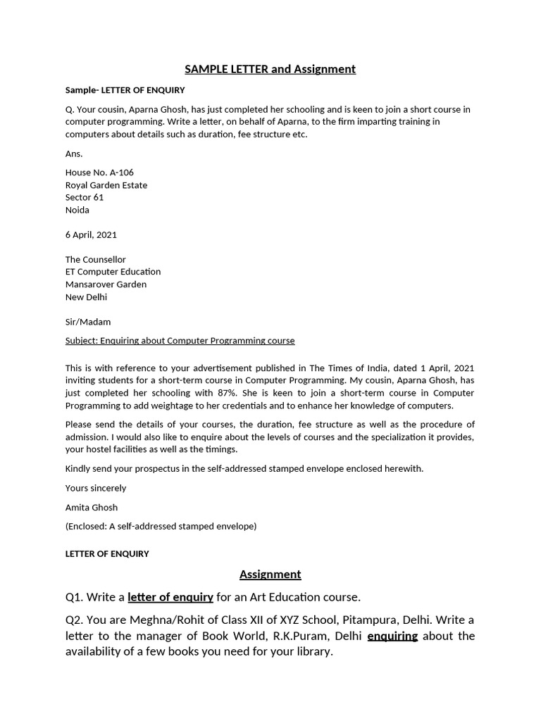 Letter of Enquiry-SAMPLE and Assignment | PDF