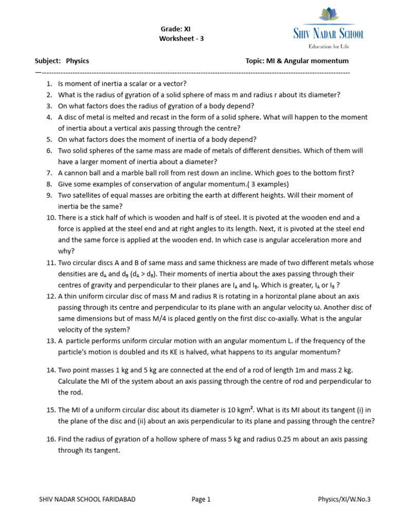 Physics XI: Moment of Inertia & Angular Momentum Worksheet | PDF ...