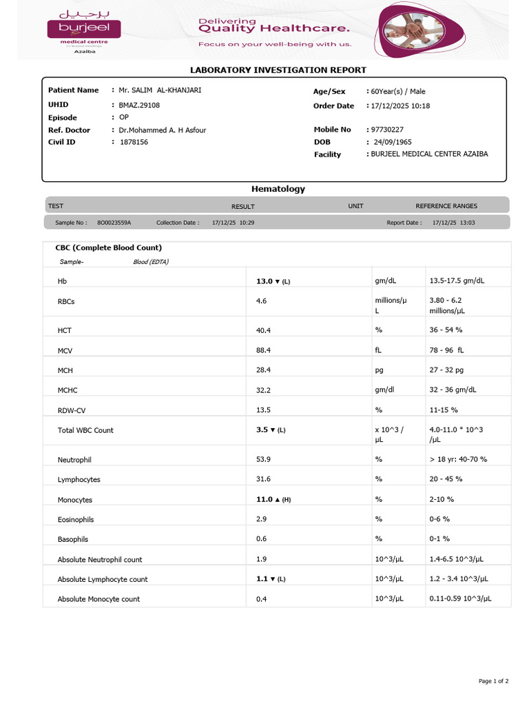 CBC (Complete Blood Count) | PDF | White Blood Cell | Body Fluids