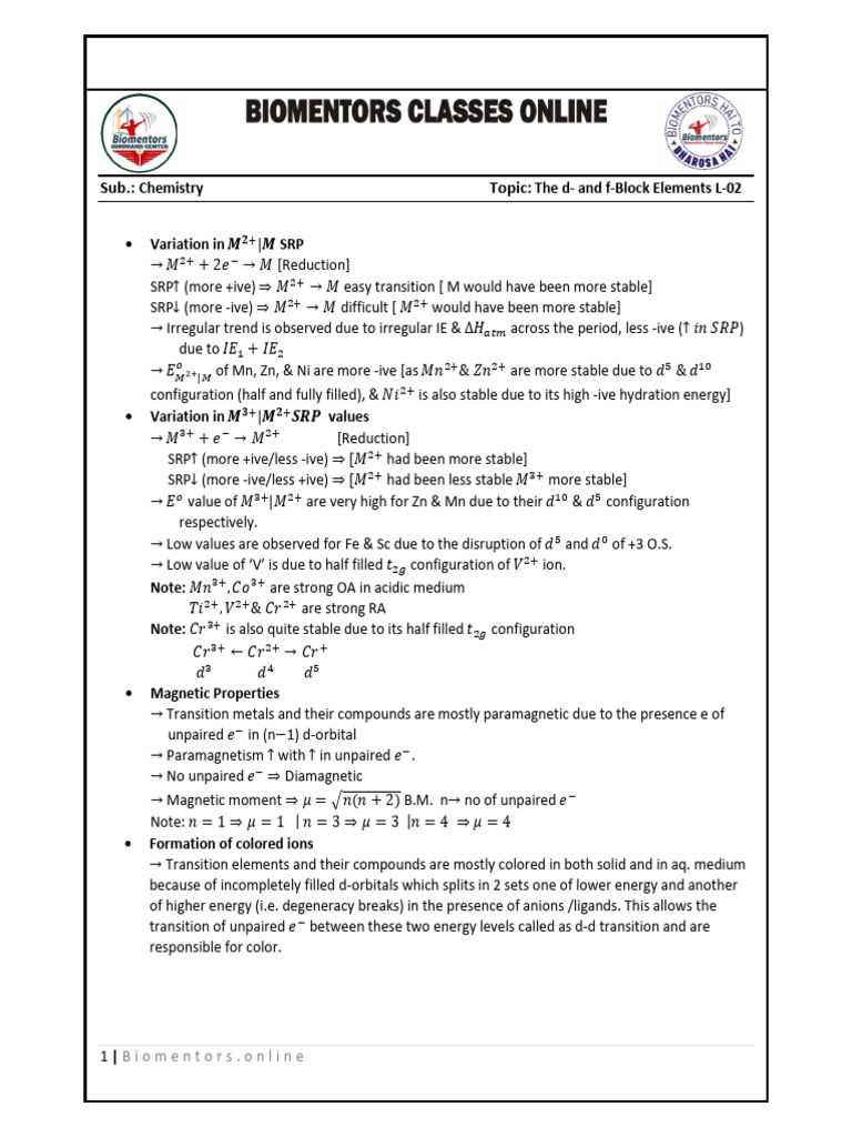 The D and F Block Elements Lecture - 2 | PDF | Transition Metals | Metals