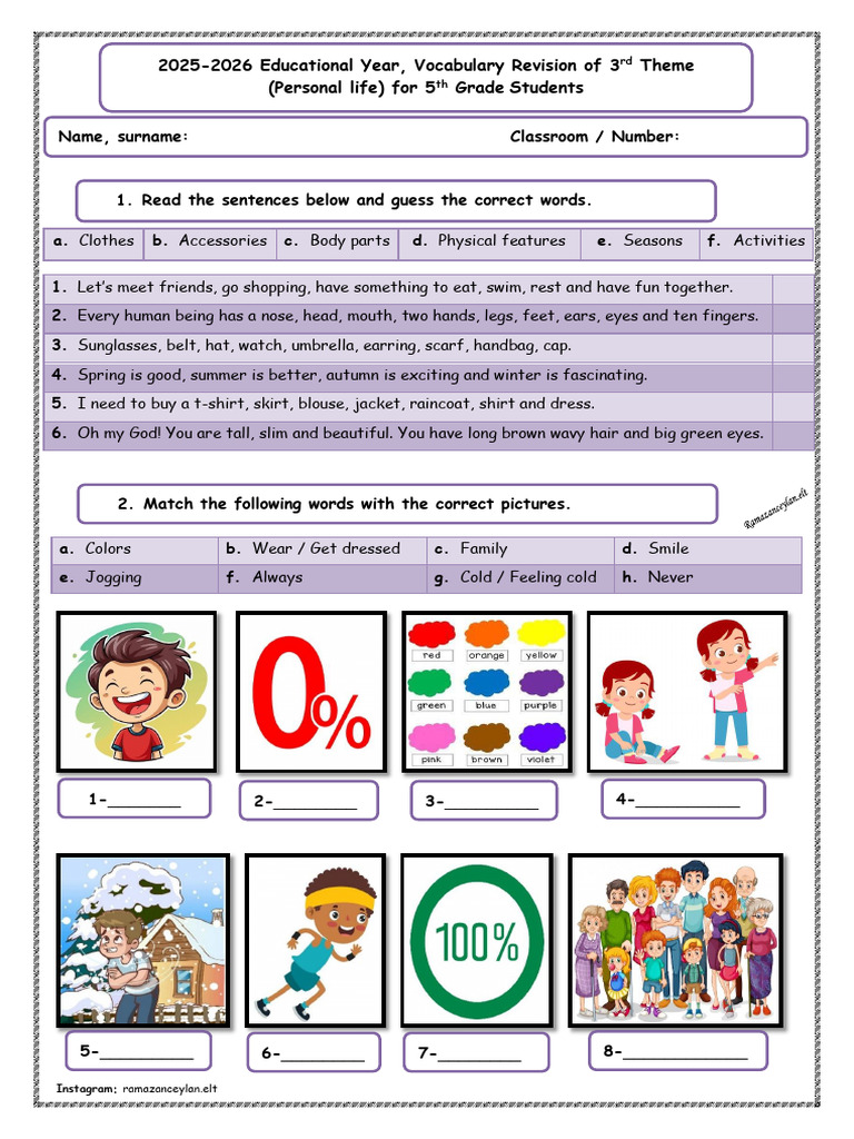 2025-2026, 5. Sınıf, 3. Tema, Vocabulary Revision by Ramazanceylan ...
