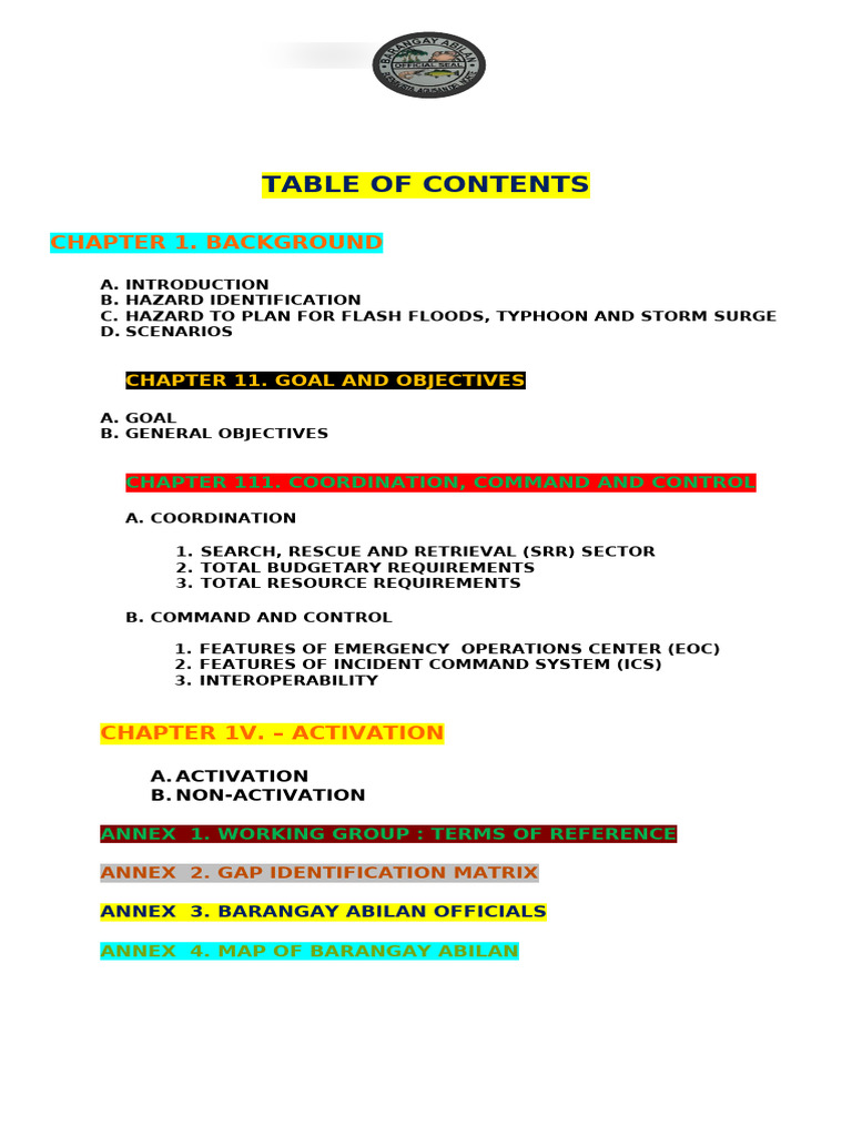 Table of Contents Contingency Plan 2020-2023 | PDF