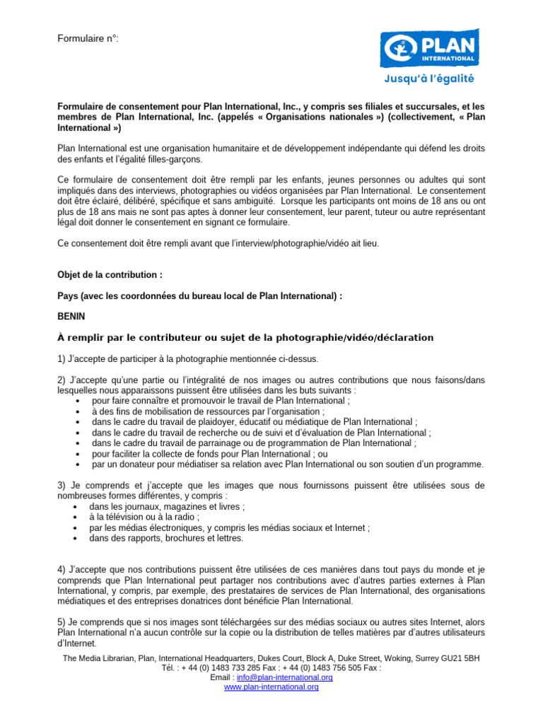Formulaire de consentement Plan International | PDF